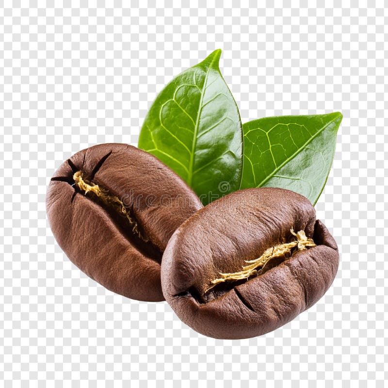 Realistic Coffee Beans with Leaf on Transparent Background Stock ...