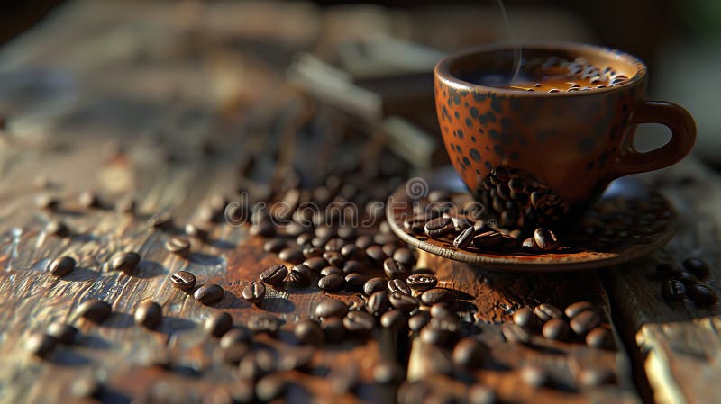 Realistic Coffee Themed Image Showcasing Coffee Beans and a Cup of ...