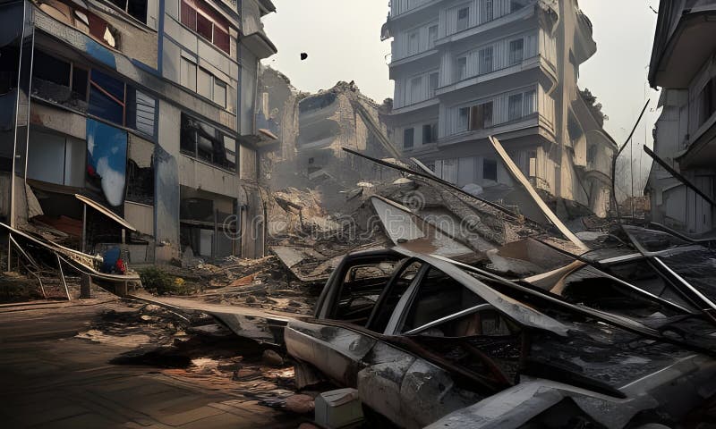 Realistic Collapsed Buildings with Debris Scattered Around, Due To an ...