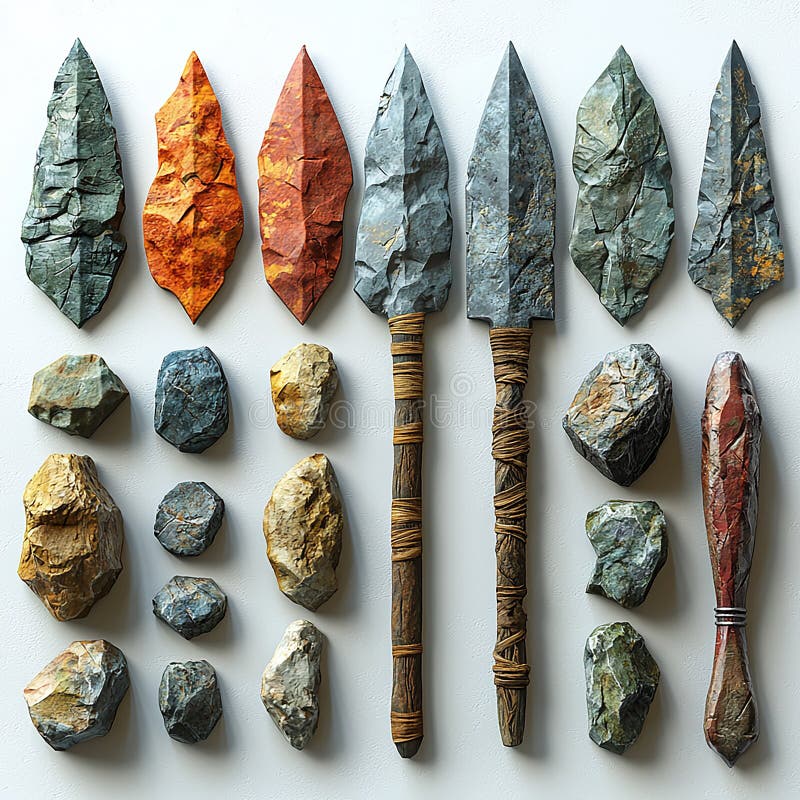 Realistic Collection of Stone Arrowheads and Tools on Display Stock ...