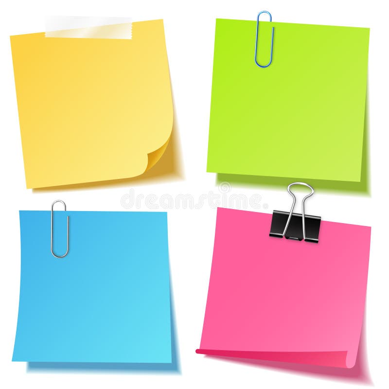 Realistic Colorful Blank Sticky Notes with Clip Binder. Colored Sheets ...