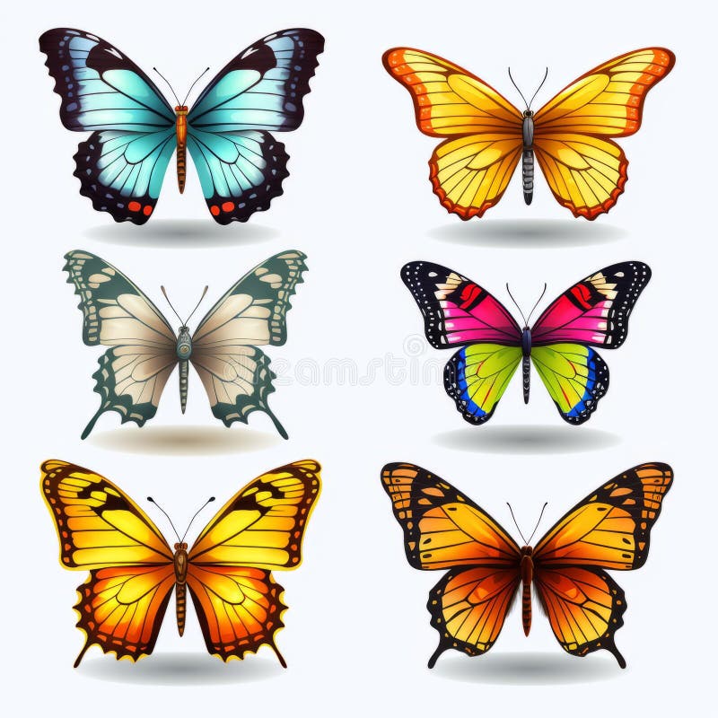 Realistic Colorful Butterfly Set Vector with Light and Shadow Stock ...