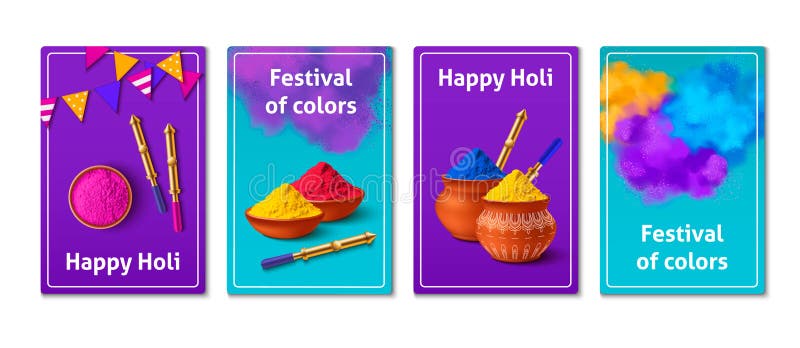 Realistic Colorful Happy Holi Card Set Stock Illustration ...