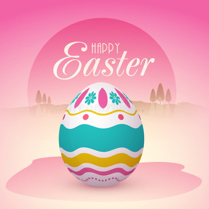 Realistic Colorful Painted Egg on Pink Sun Nature Background for Happy Easter Celebration Stock ...
