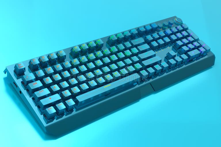 Realistic Computer Keyboard with Blue Chrome Texture Isolated on Blue ...