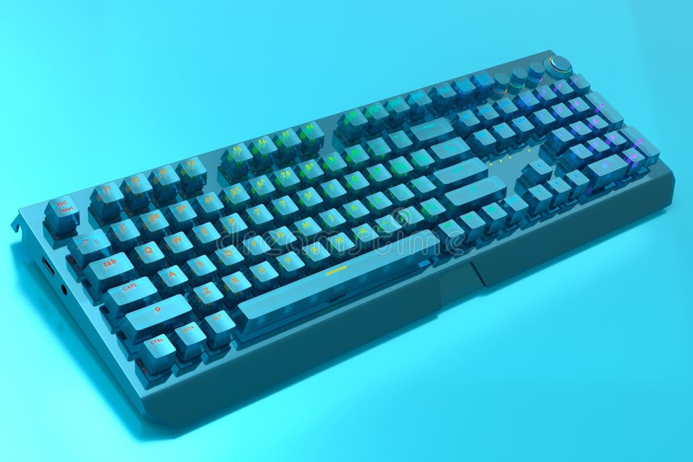 Realistic Computer Keyboard with Blue Chrome Texture Isolated on Blue ...