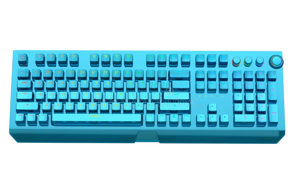 Realistic Computer Keyboard with Blue Chrome Texture Isolated on White ...