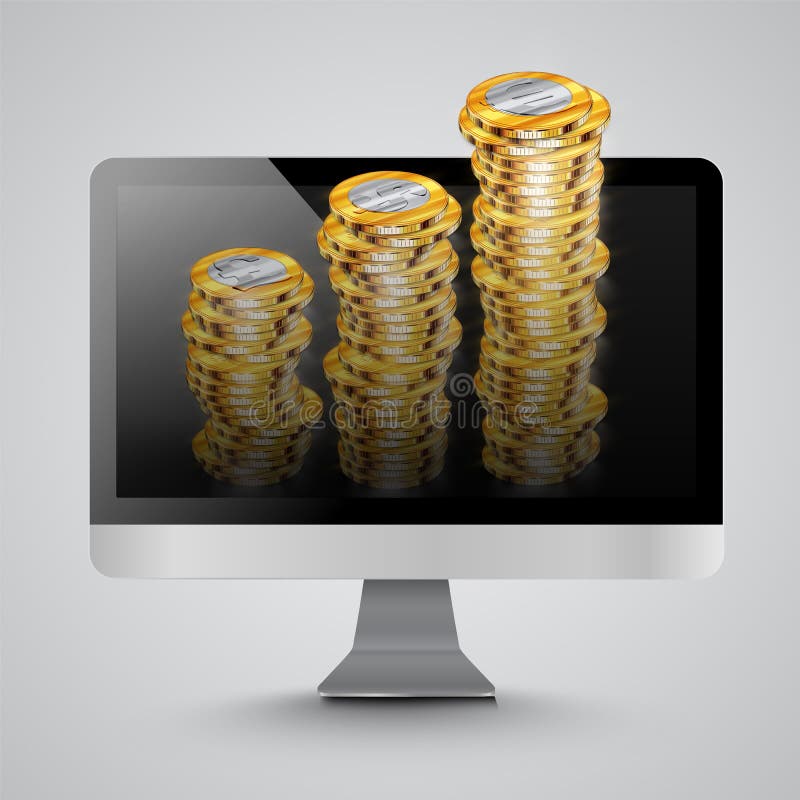 Realistic Computer with Money Coins, Vector Illustration Stock Vector ...