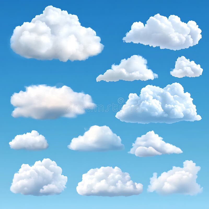 Realistic Cumulus Clouds Set White Fluffy Clouds on Blue Sky Background ...