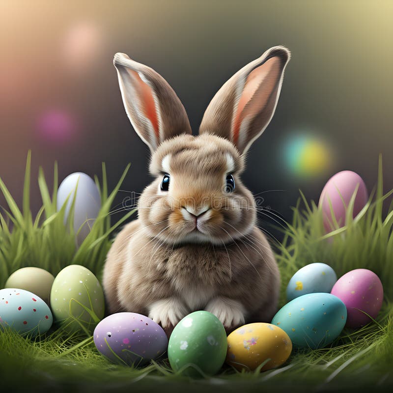 Realistic Cute Easter Bunny with Colorful Easter Eggs on Grass ...
