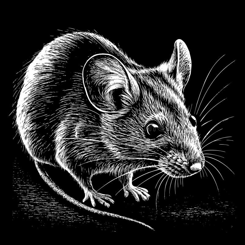 Realistic Cute Mouse Illustration in Engraving Style, White on a Black ...