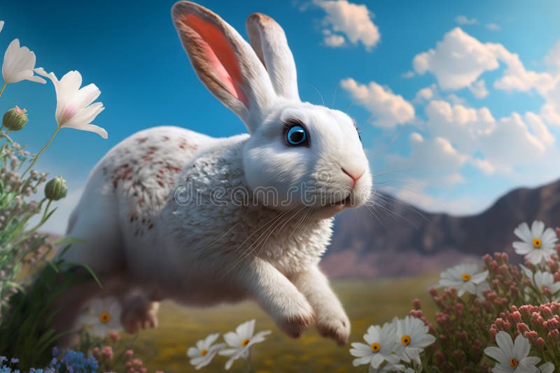 Realistic Cute Rabbit Surrounded by the Flowers Blue Sky Background ...