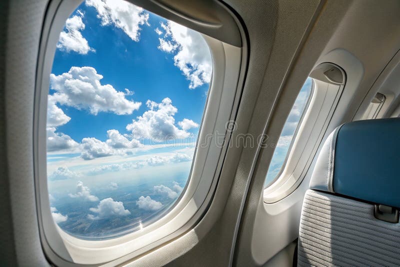 Realistic 3D Airplane Window with Blue Sky and Clouds Stock ...