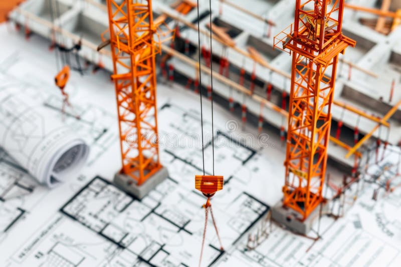Realistic 3d Building Construction Scene with Blueprints, Cranes, and ...