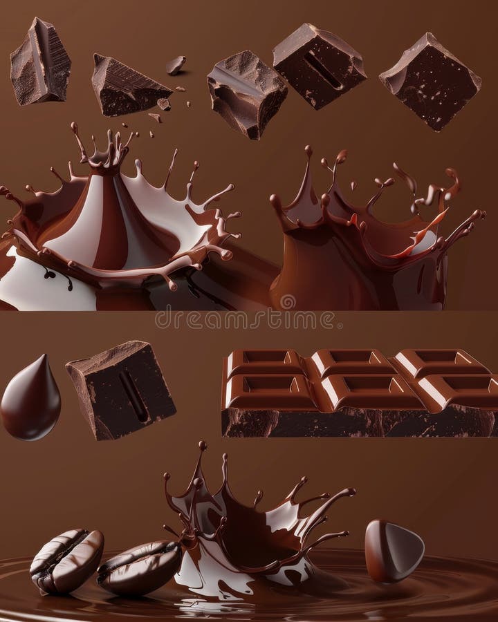 Realistic 3D Chocolate Splashes and Bars Collection Generative AI Stock ...