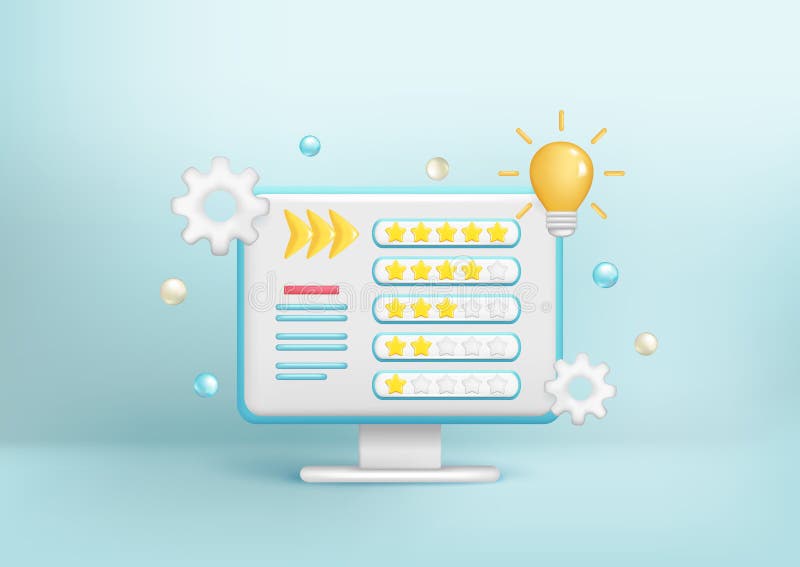 Realistic 3d Computer, Rating Feedback with Stars, Light Bulb, Settings ...