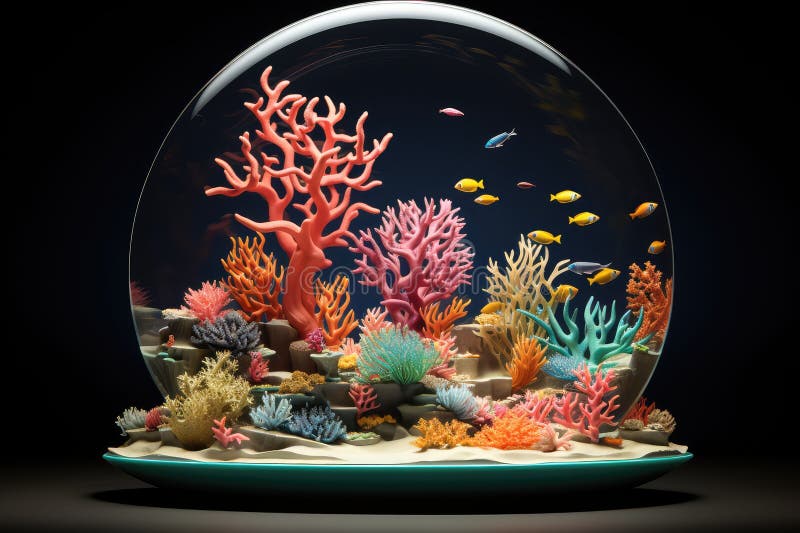 Realistic 3D Coral Reef Displayed in a Circular Glass Ball, Rendered in ...