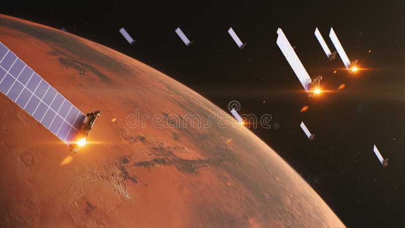 3D Graphics of Solar Cell and Panels Orbiting Mars Planet Stock Photo ...