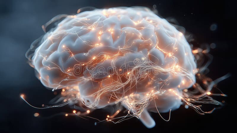 Realistic 3D Human Brain with Glowing Neural Connections on Dark ...