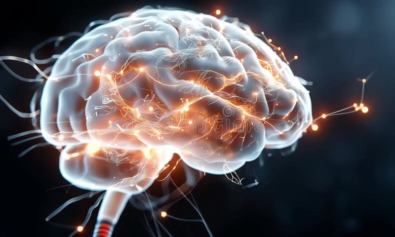 Translucent Human Brain with Glowing Neural Activity on Dark Background ...
