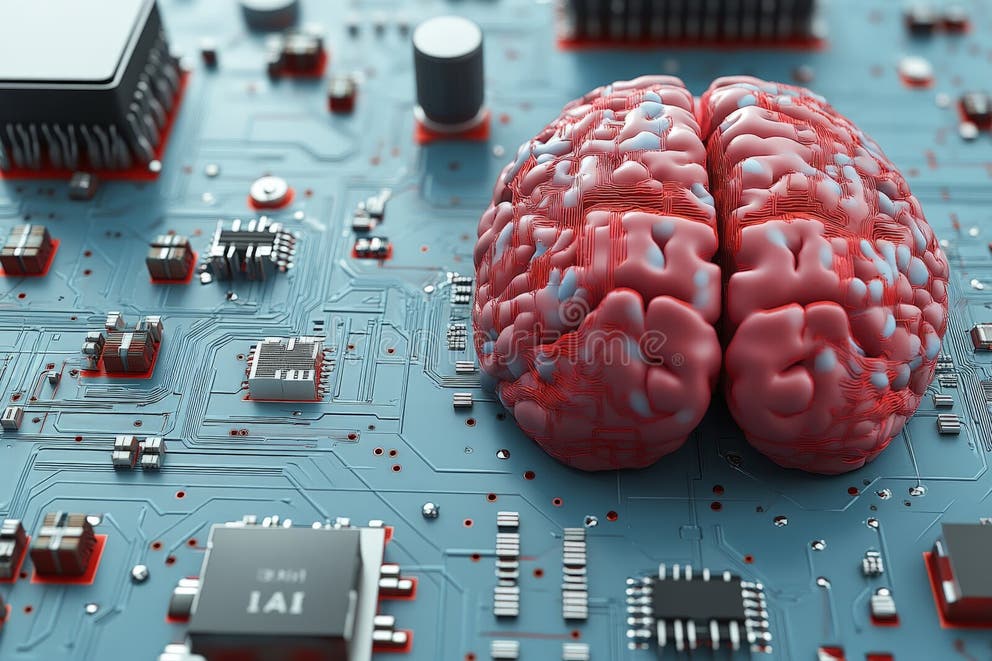 Realistic 3D Human Brain Model on Microchip Circuit Board Illustrating ...