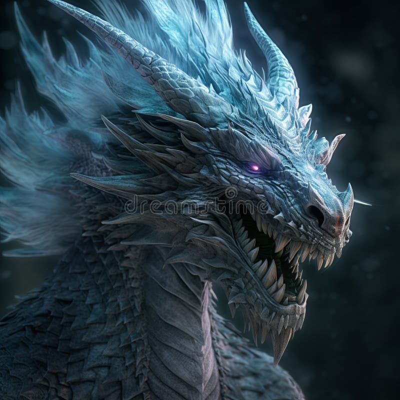 Realistic 3d Icy Dragon with Blue Eye in Dark Night Stock Illustration ...