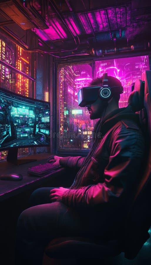 Realistic 3d Illustration of a Cyberpunk Gamer Scene in a Sci Fi ...