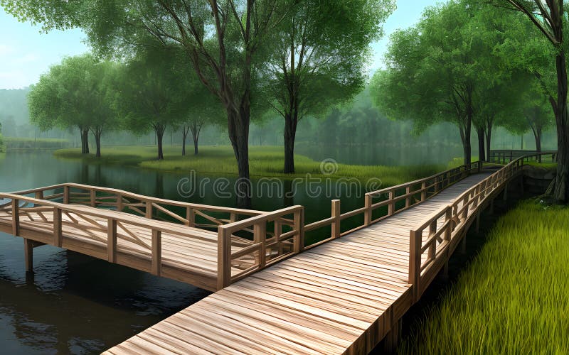 Realistic 3D Illustration Wooden Bridge in Nature Landscape Environment ...