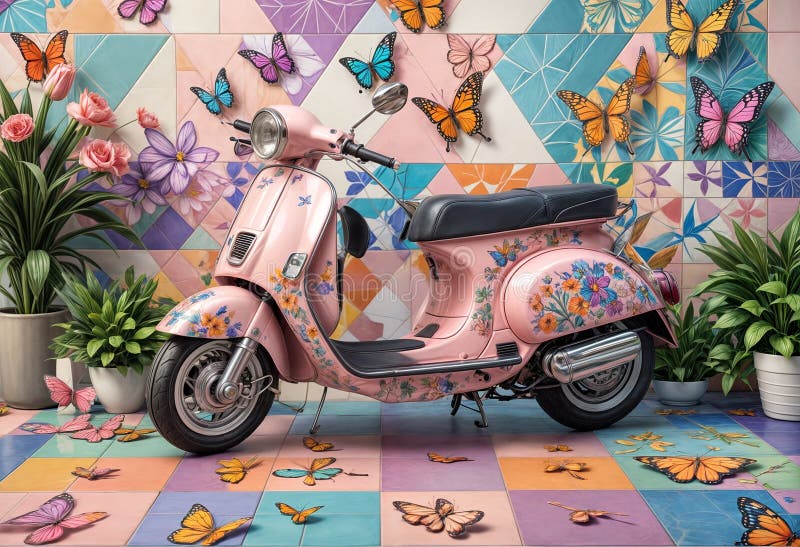 A Realistic 3D Image of a Pink Scooter with a Floral and Butterfly ...