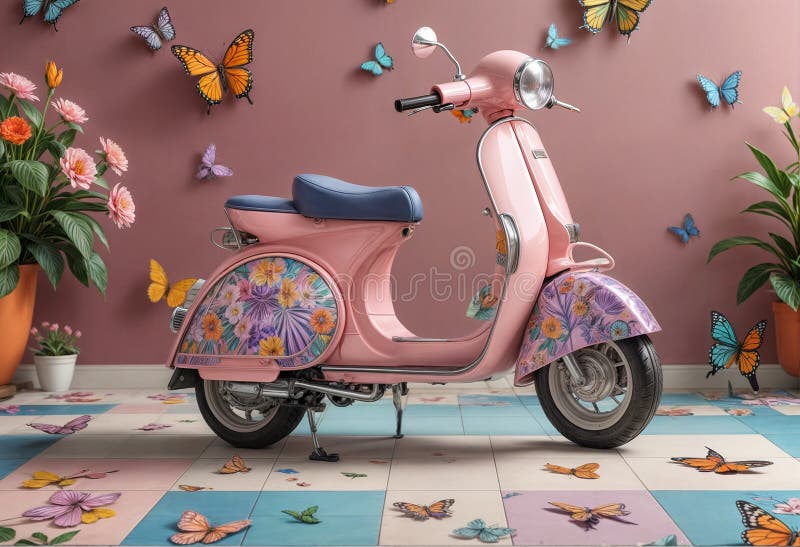 A Realistic 3D Image of a Pink Scooter with a Floral and Butterfly ...