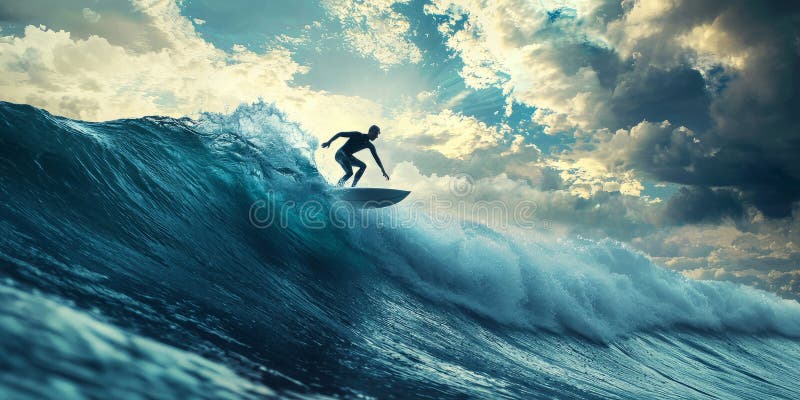Realistic 3D Image of Surfer Catching Wave in Sunlight Stock ...
