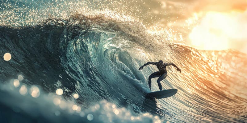 Realistic 3D Image of Surfer Catching Wave in Sunlight Stock ...