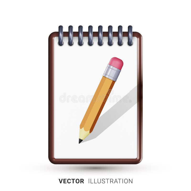 Realistic 3D Notepad Icon with a Pencil. Writing Tasks Concept Stock ...