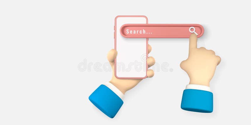 Realistic 3d Phone with Search Bar Element and Hand Pointing in Cartoon ...