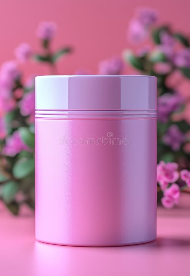 Realistic 3D Pink Packaging on Pink Surface with Floral Background for ...