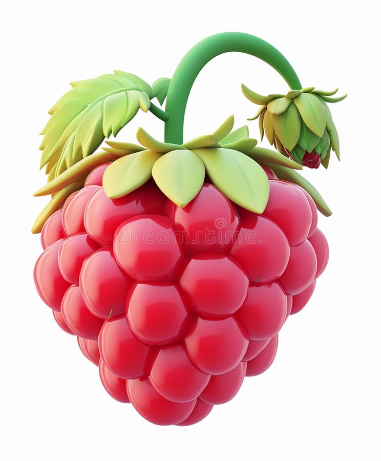 Realistic 3D Raspberry with Green Leaves and Stem on Transparent ...