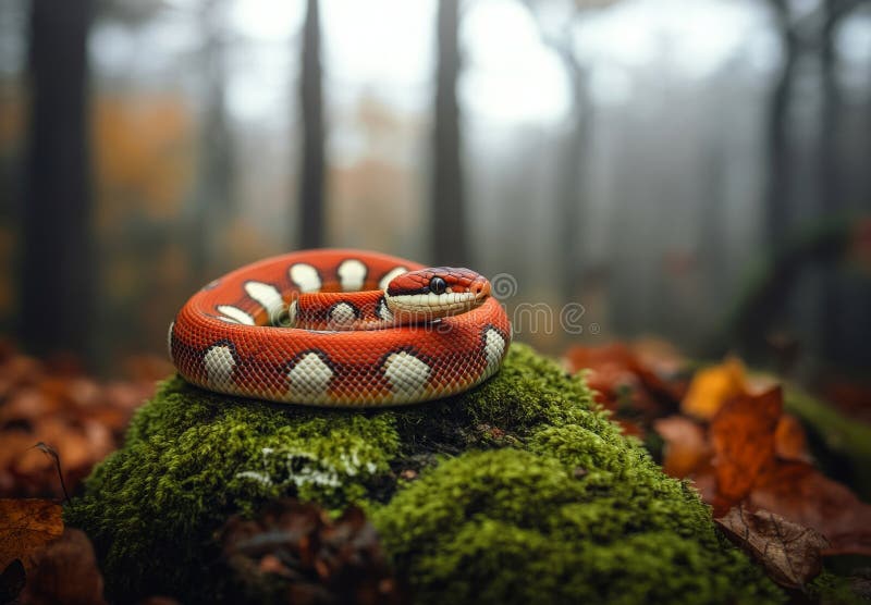 A Realistic 3D Render of a Bright Red-bellied Snake Resting on a Mossy ...