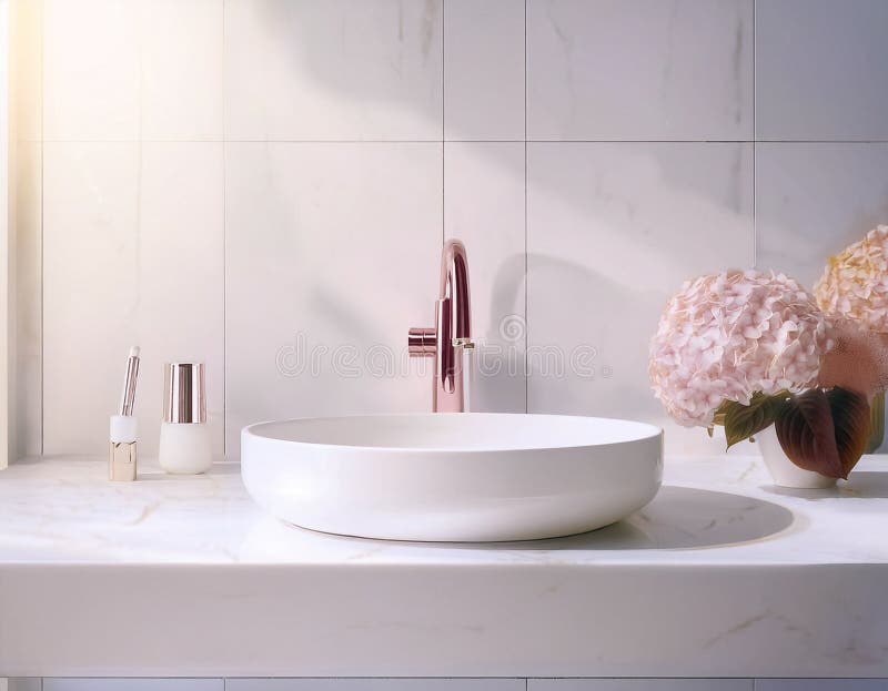 Realistic 3D Render Close-Up Top View Elegant Bathroom Vanity ...