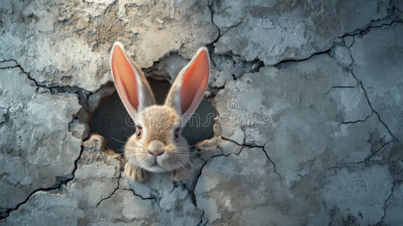 A Realistic 3D Render of a Happy, Cute Rabbit Peeking through a Broken ...