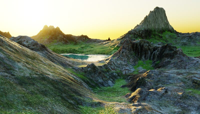 3D Render of Lake stock illustration. Illustration of hills - 204290803
