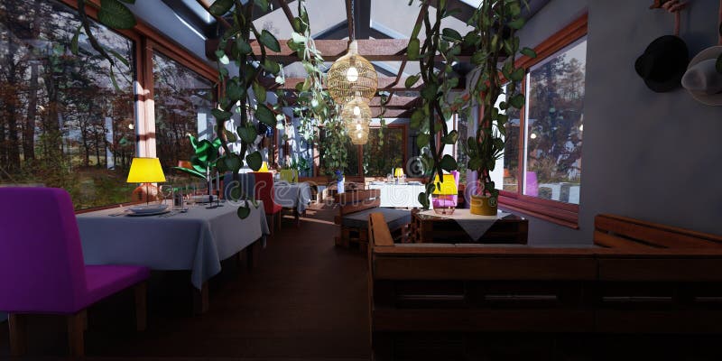 3D Render of Restaurant Interior Stock Illustration - Illustration of ...