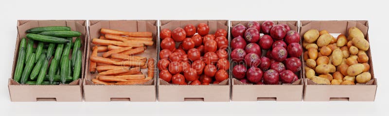 3D Render of Vegetable in Boxes Stock Illustration - Illustration of ...
