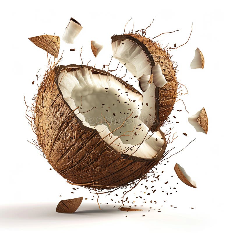 A Realistic 3D Rendering of Coconut Breaking Apart, Showcasing Its ...