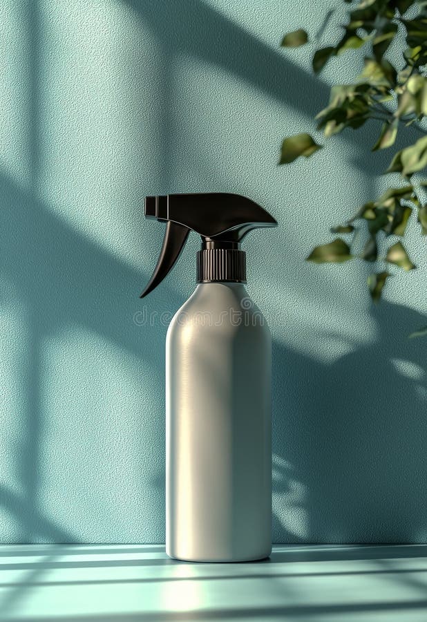 Realistic 3D Spray Bottle with Blank Label Against a Soft Blue ...