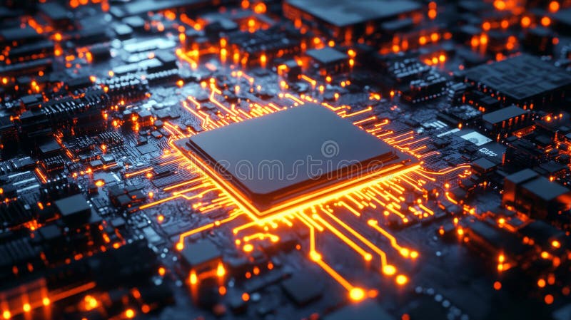 Realistic 3D Visualization of a CPU Chip with Glowing Neon Pathways in ...