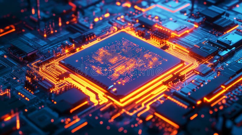Realistic 3D Visualization of a CPU Chip with Neon Pathways in a ...