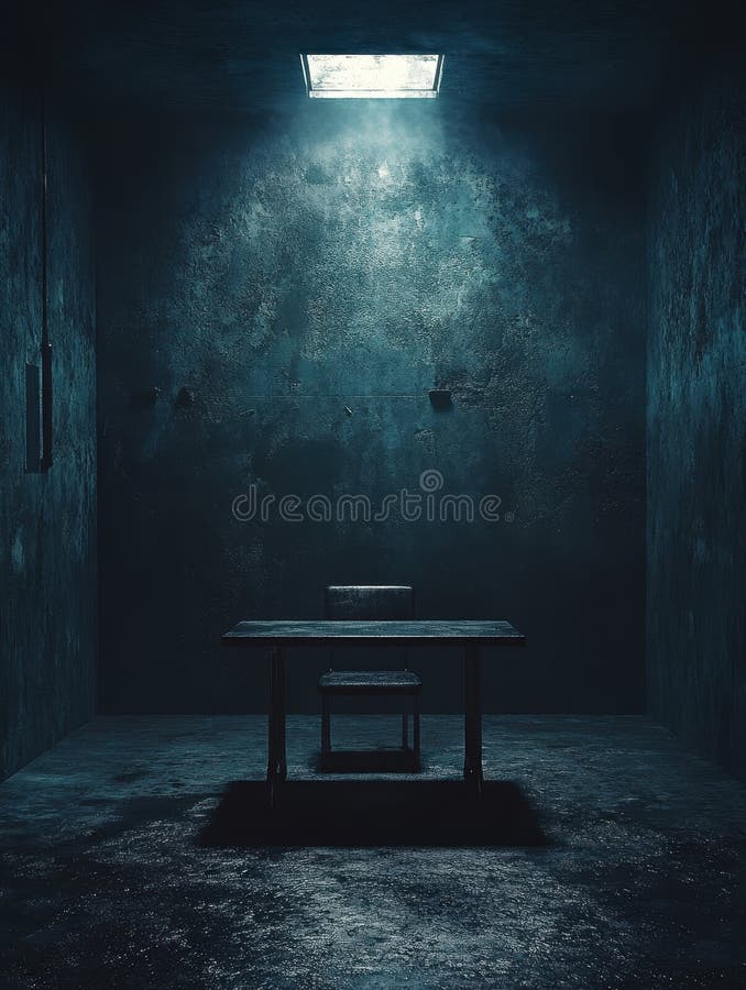 A Realistic Dark Interrogation Room Featuring a Table and an Empty ...