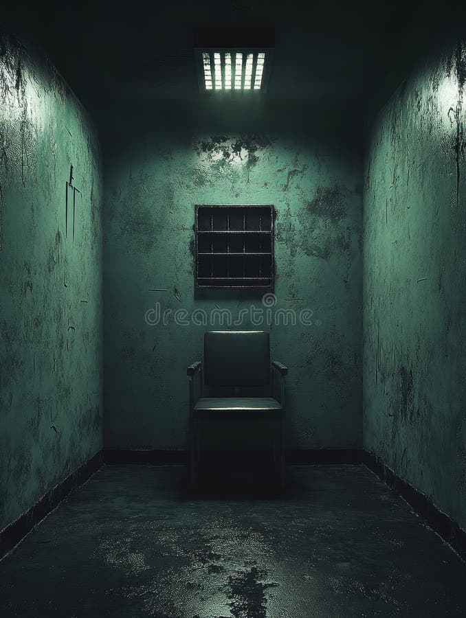 A Realistic Dark Interrogation Room Featuring a Table and an Empty ...