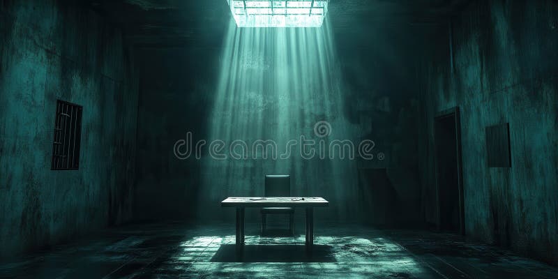 A Realistic Dark Interrogation Room Featuring a Table and an Empty ...