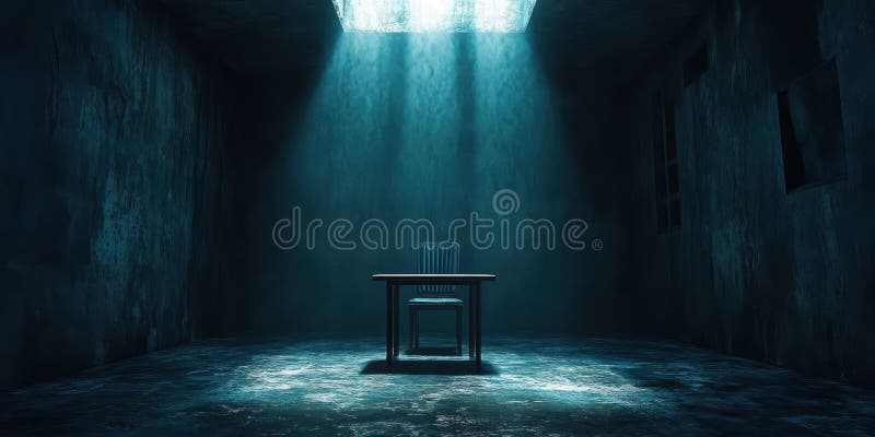A Realistic Dark Interrogation Room Featuring a Table and an Empty ...